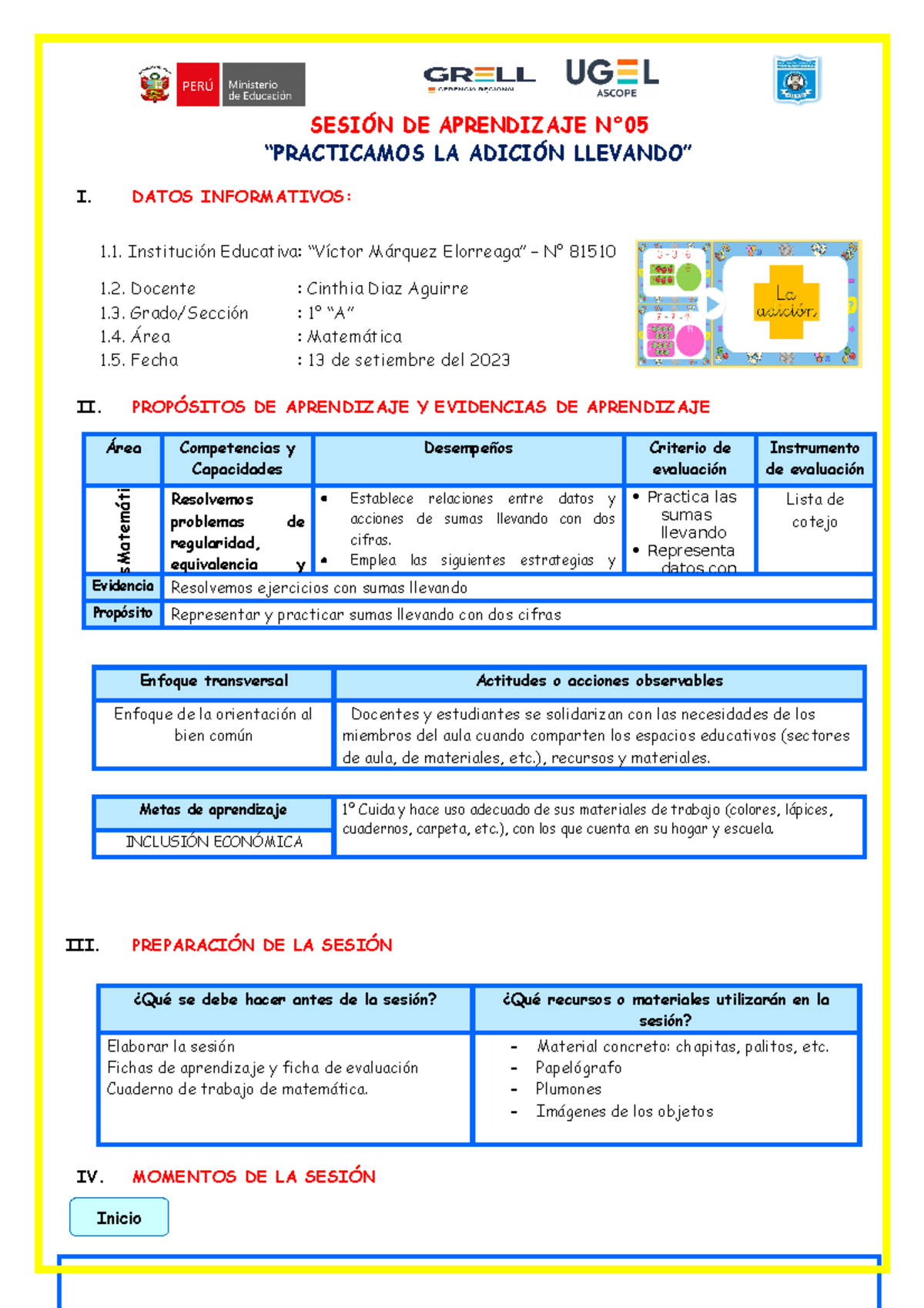 Sesión DE Aprendizaje 05 practica sumas llevando - SESIÓN DE APRENDIZAJE N° “PRACTICAMOS LA ...