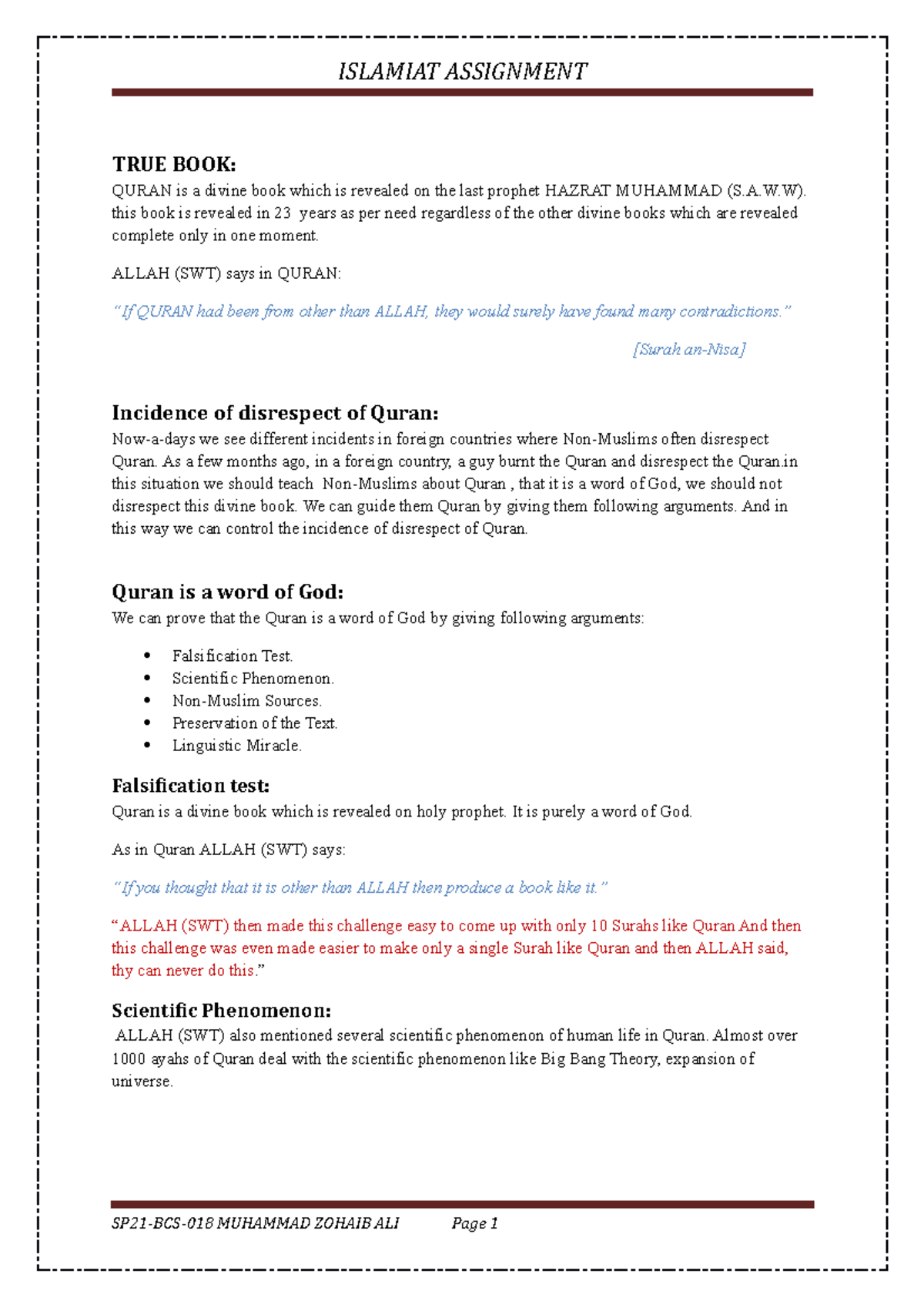 Islamiat assignment no 2 - ISLAMIAT ASSIGNMENT TRUE BOOK: QURAN is a ...