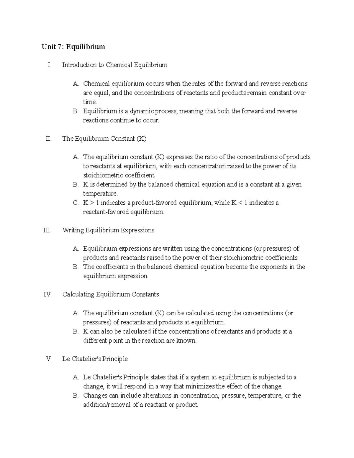AP Chem- Equilibrium Notes - Unit 7: Equilibrium I. Introduction to ...