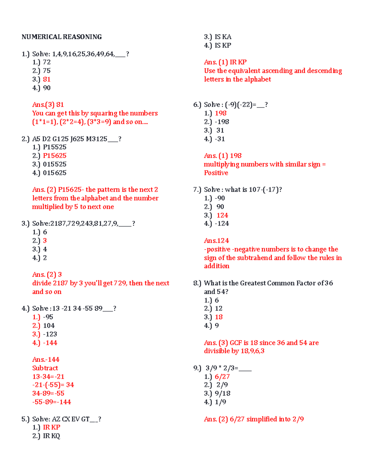 Numerical-Reasoning - n/a - NUMERICAL REASONING 1.) Solve: 1,4,9,16,25 ...
