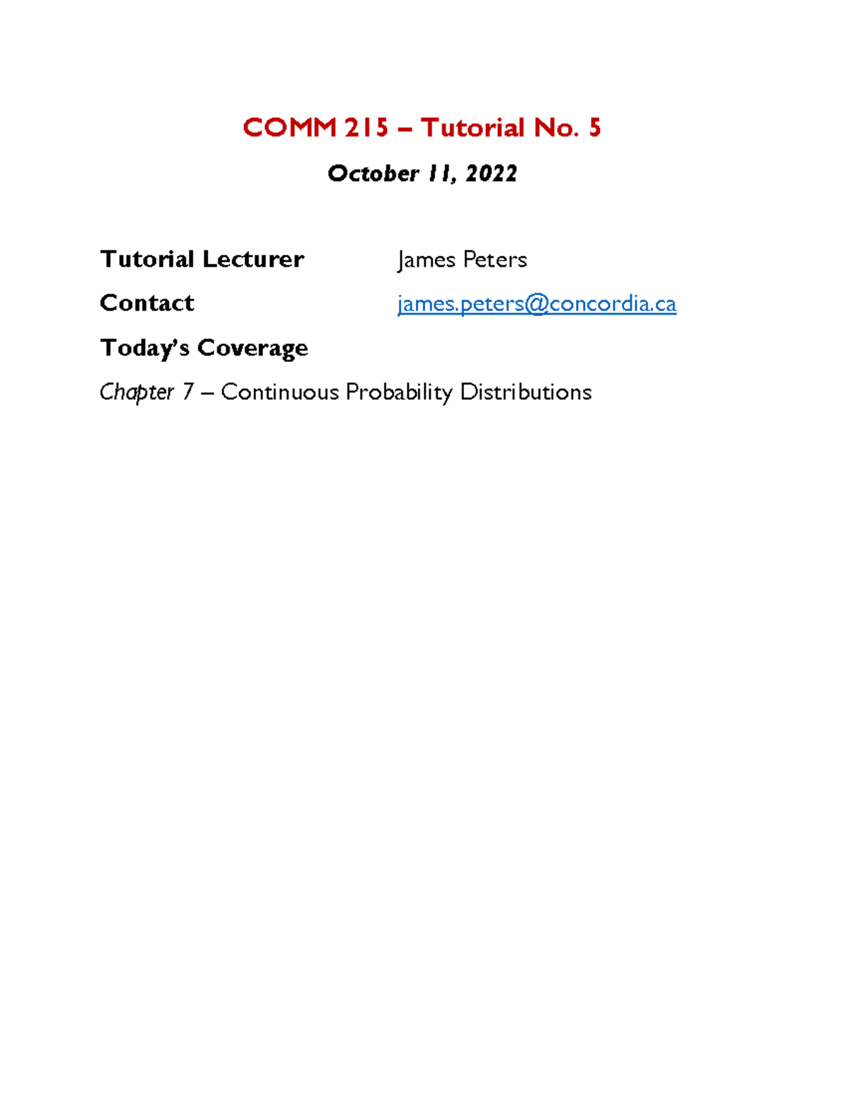 Tutorial 5 - Answer Key - COMM 215 – Tutorial No. 5 October 11, 2022 ...