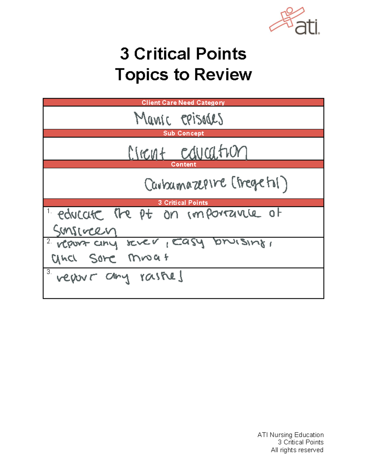 Practice A critical points - ATI Nursing Education 3 Critical Points ...