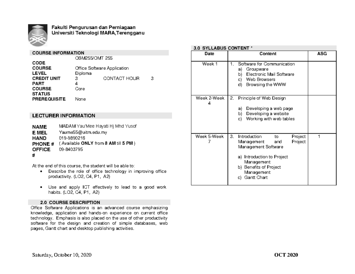 Lesson Plan OBM255 Okt 2020 Final - Saturday, October 10, 2020 OCT 2020 ...