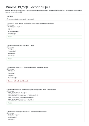 Prueba de la sección 1 de PL SQL 2 - Prueba: Section 1 Quiz Revise las respuestas, los ...