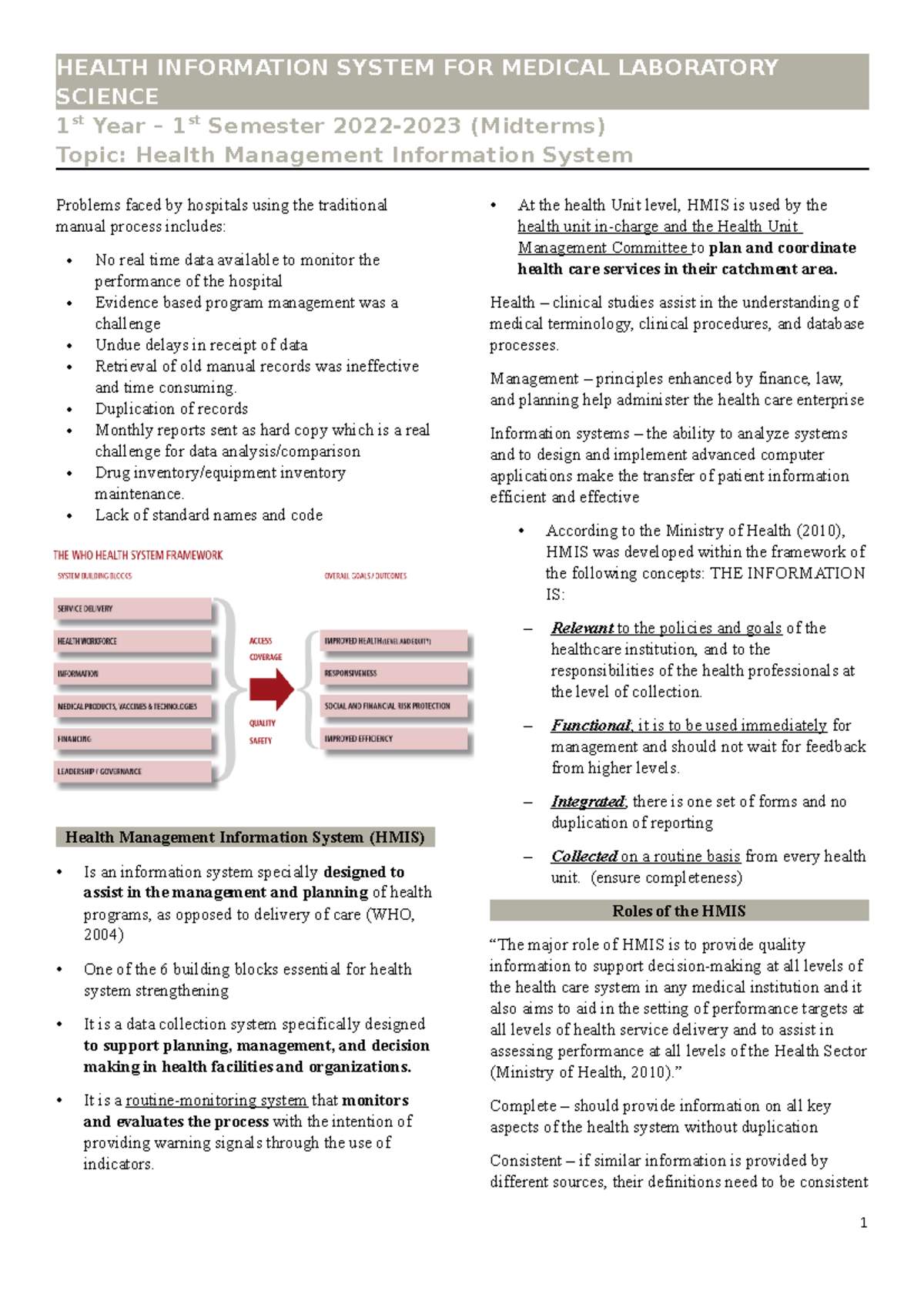 WEEK 6 Health Management Information System - SCIENCE 1 st Year – 1st ...