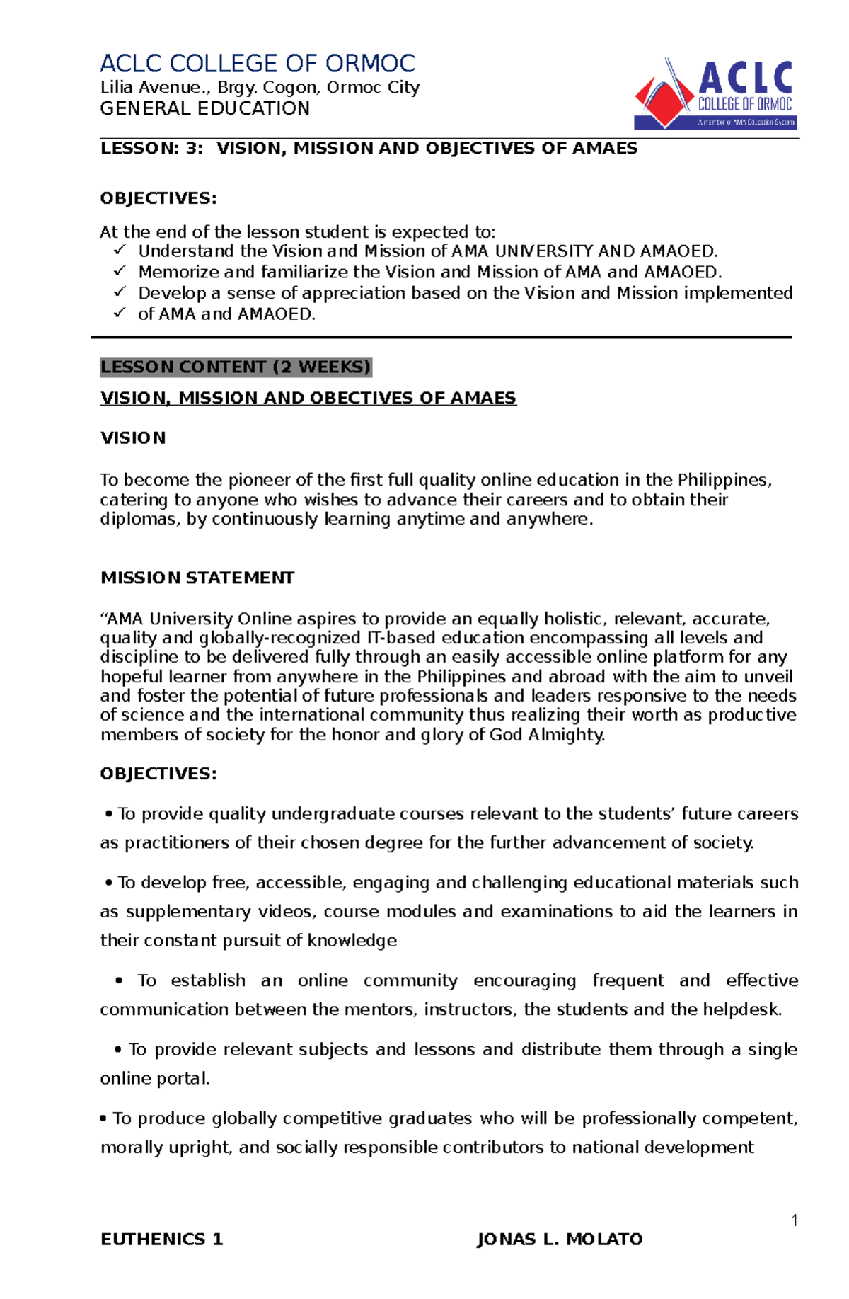 Euthenics 1 Lesson 3 & 4 lesson for 1st semester this 2022 - Lilia ...