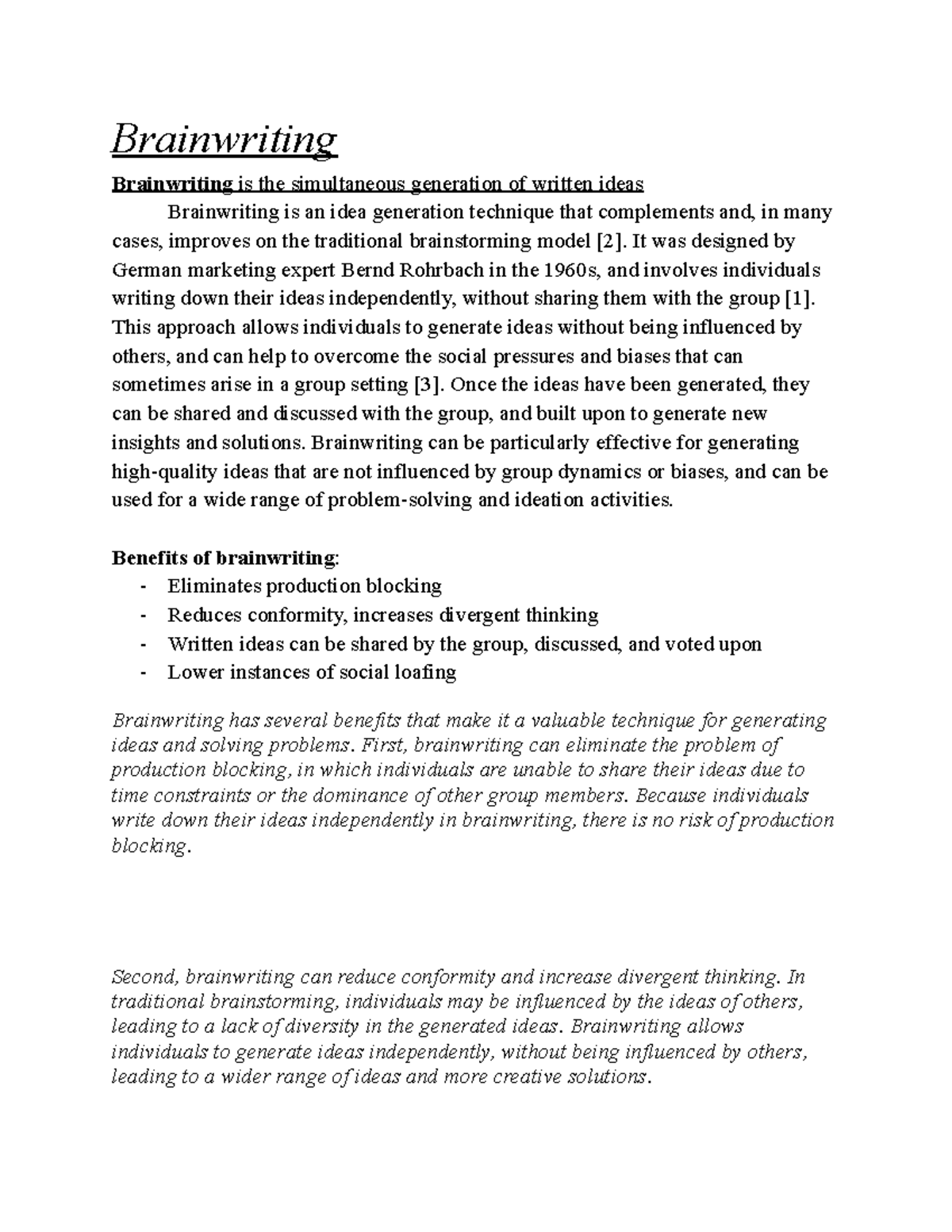 Brainwriting lecture notes - Brainwriting Brainwriting is the ...