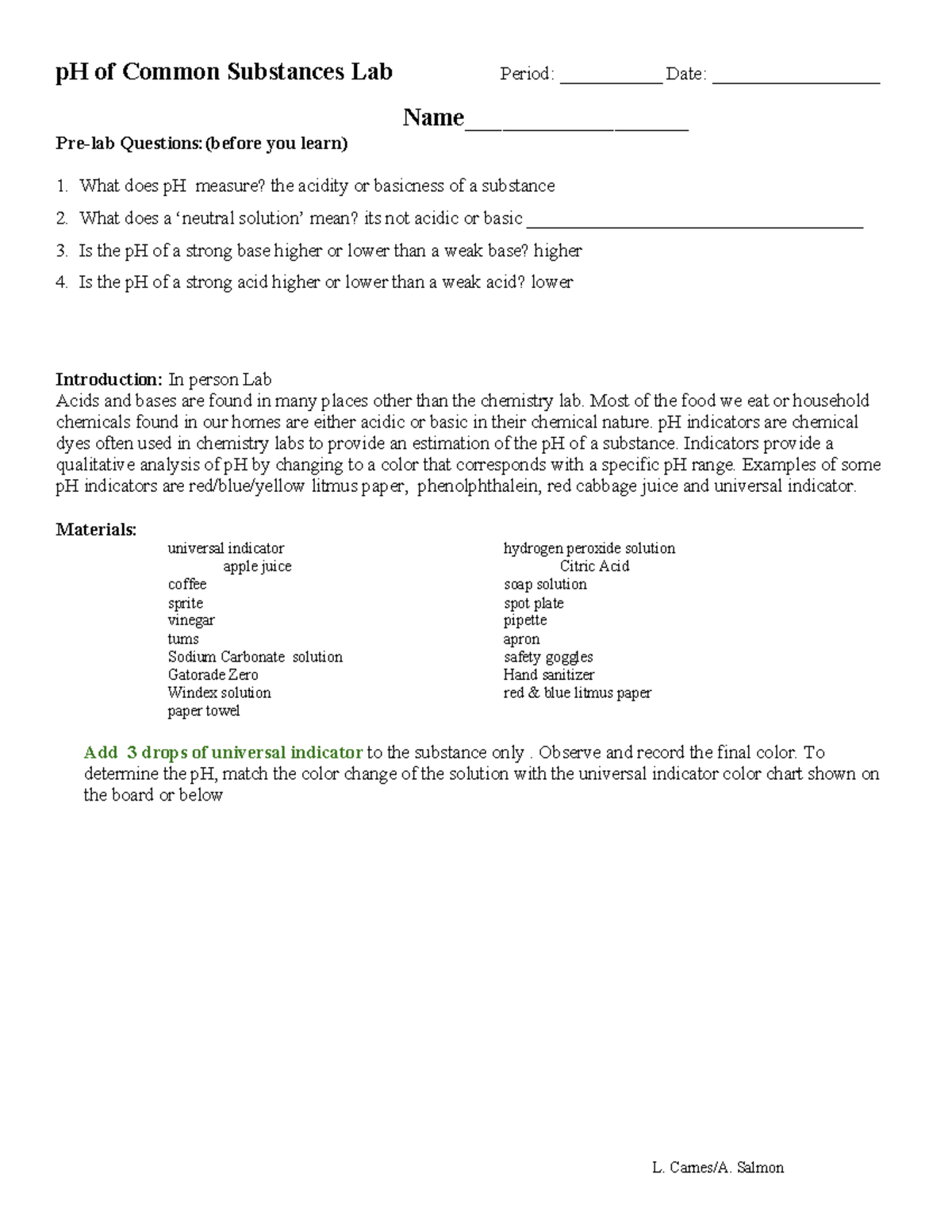 Copy of p H of Common Substances Lab-NJames - pH of Common Substances ...