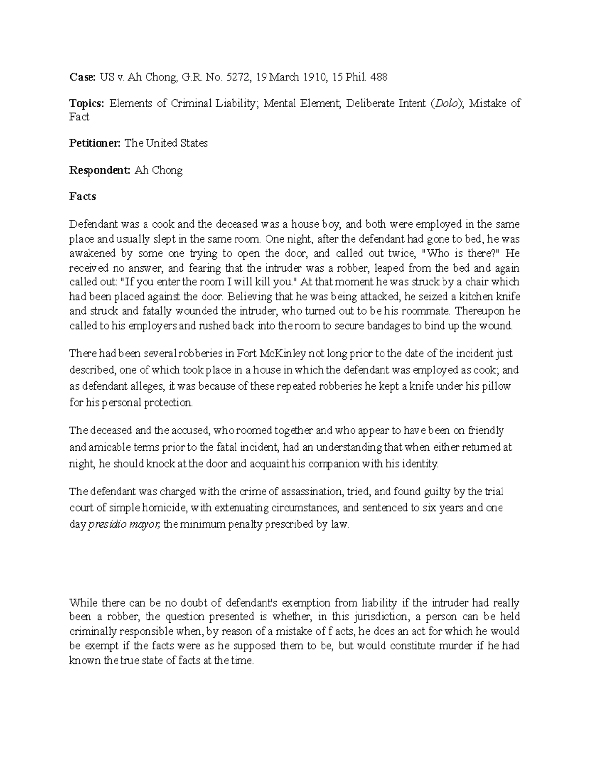 US VS AH Chong - READ!!!! - Case: US v. Ah Chong, G. No. 5272, 19 March ...