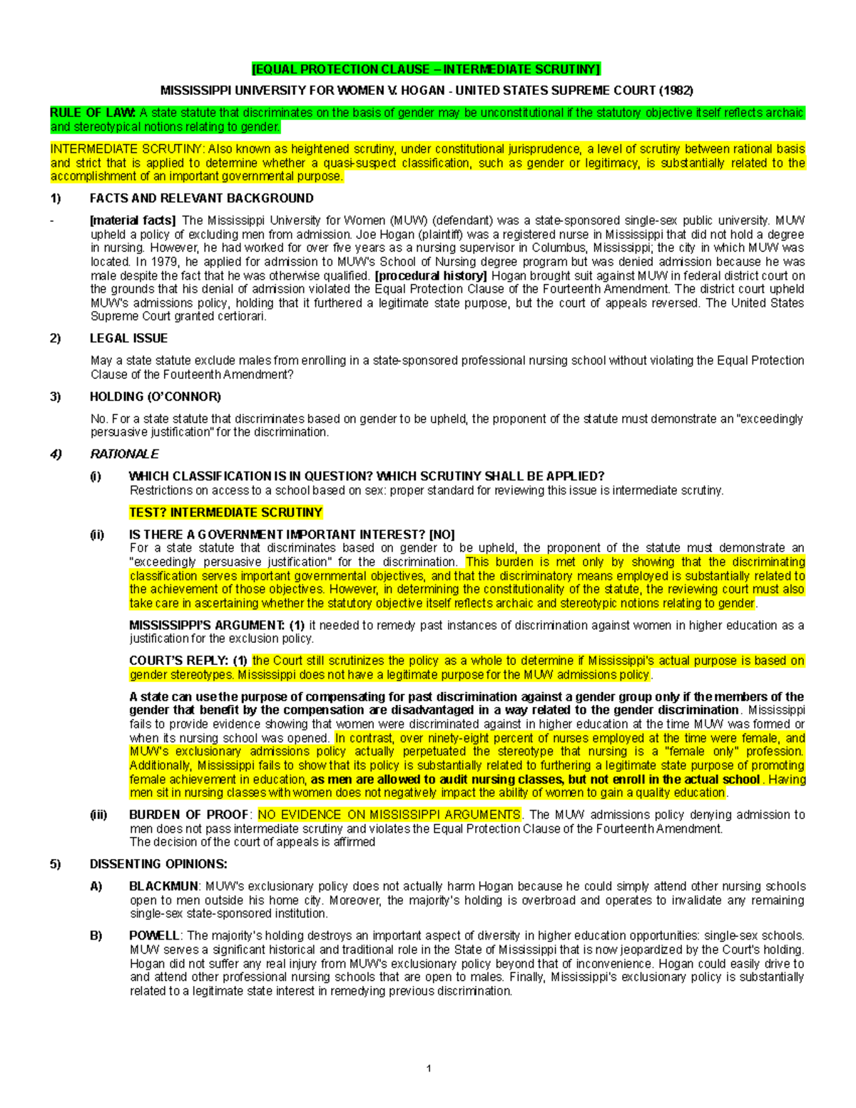Case brief MUW v. Hogan - (ConLaw - case brief and class notes - EQUAL ...