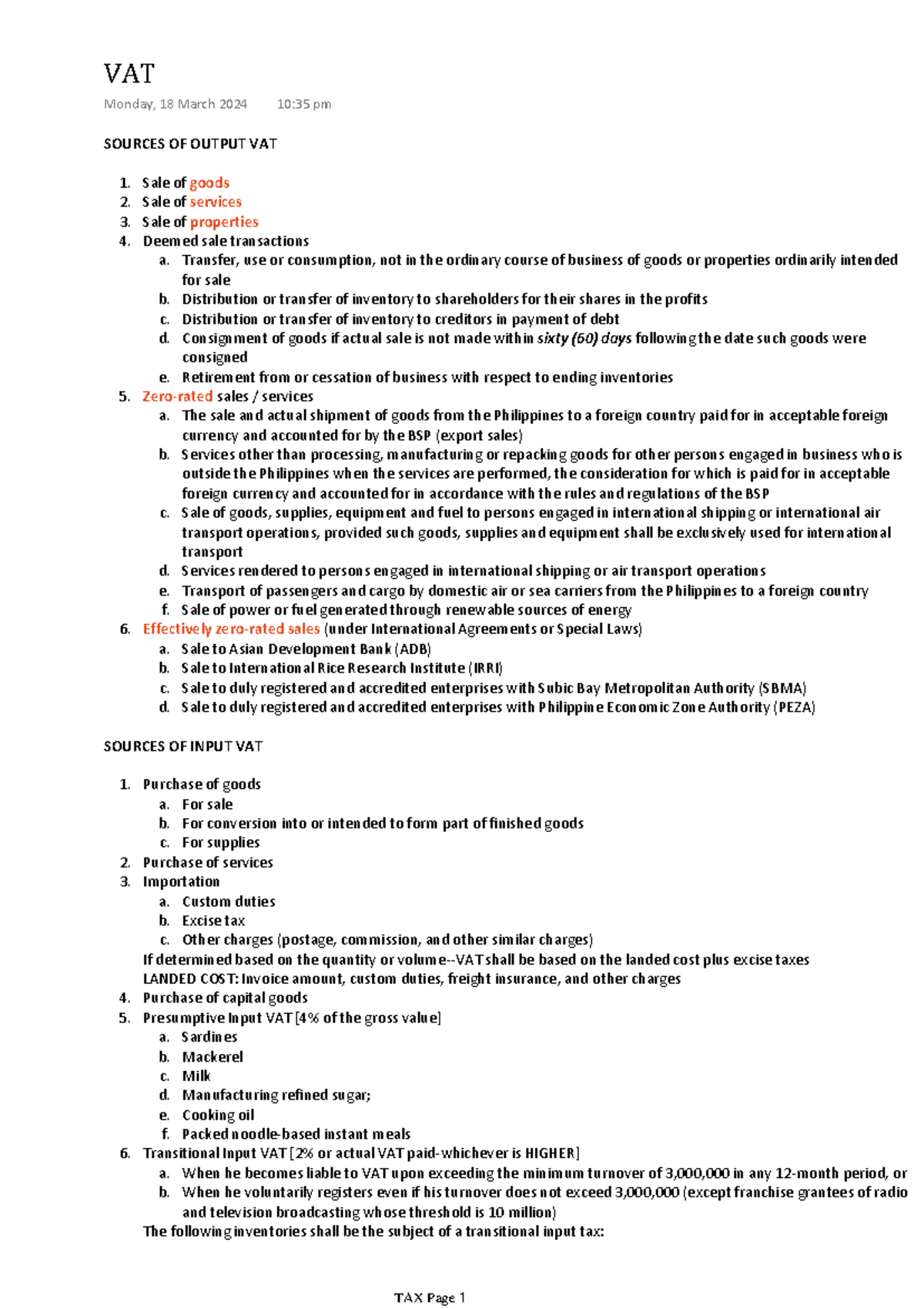VAT - A brief summary of Value-Added Tax. - SOURCES OF OUTPUT VAT Sale ...