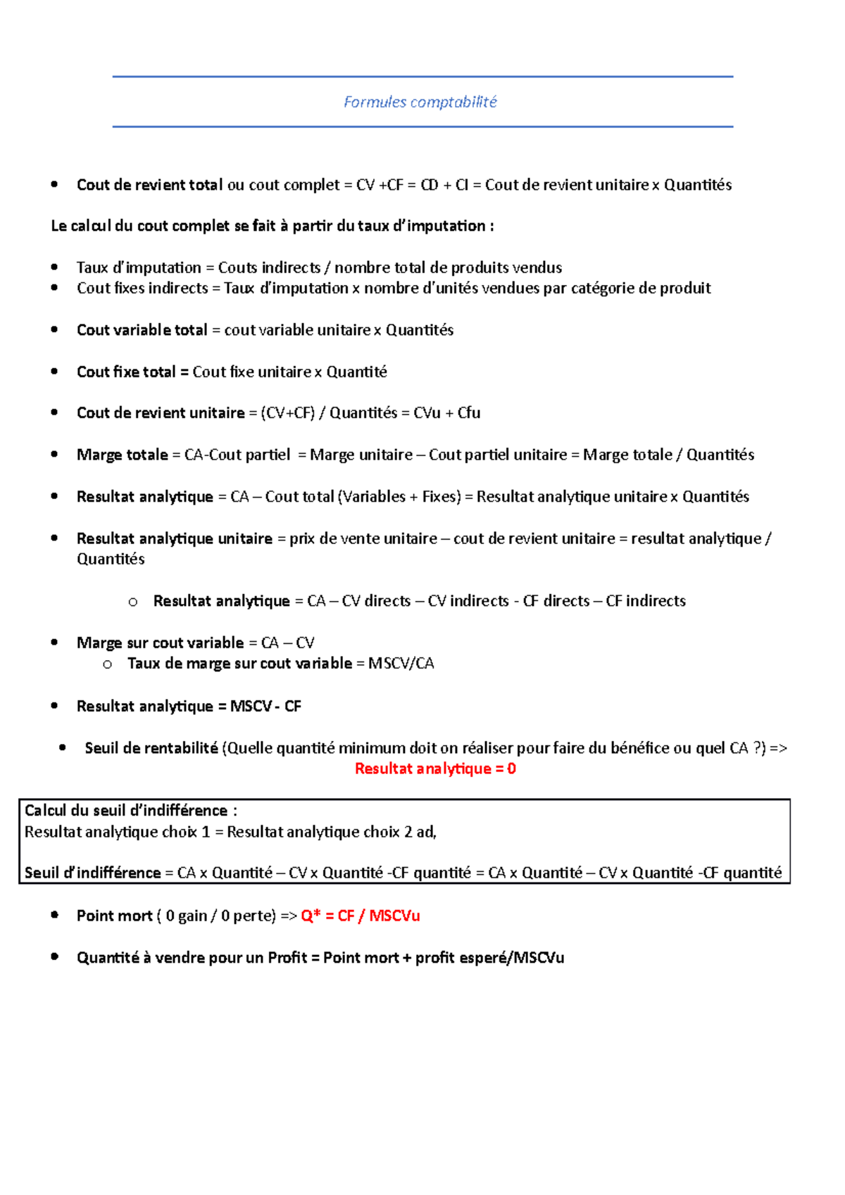 Quelques Formules de comptabilité notées en cours - Formules ...