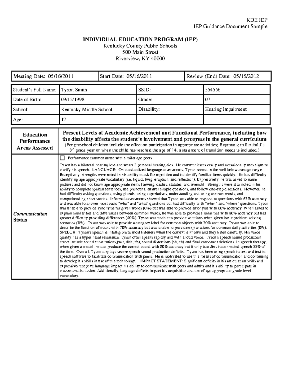 Tyson Hearing Impaired - IEP Guidance Document Sample INDIVIDUAL ...