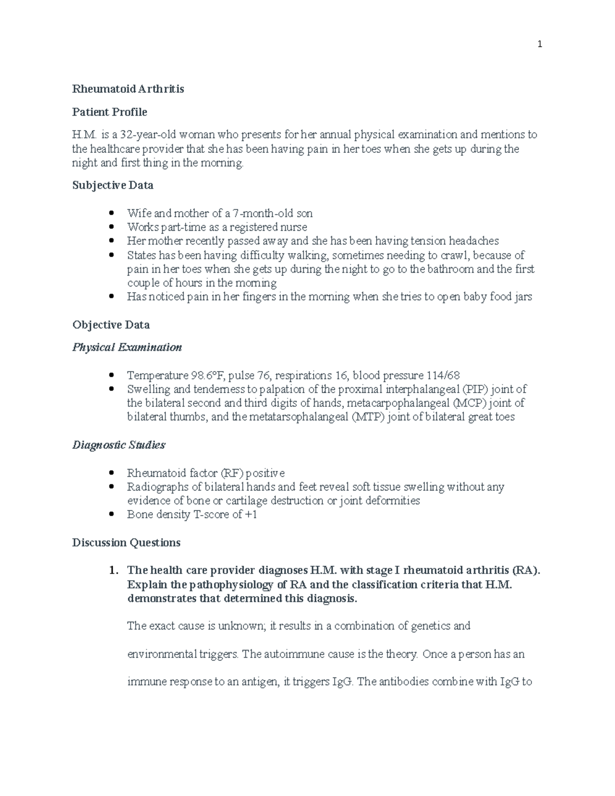 Arthritis Case study - Rheumatoid Arthritis Patient Profile H. is a 32 ...
