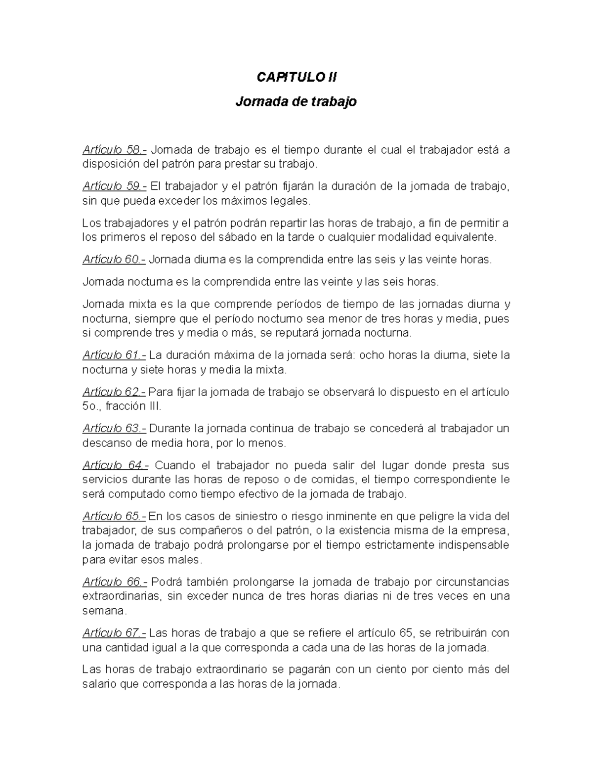 Resumen art 58 al 75 Ley federal del trabajo - CAPITULO II Jornada de ...