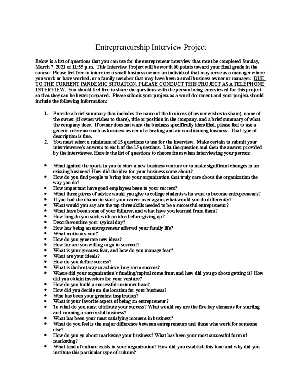 BUS 101 Entrepreneurship Interview Project Spring 20211 ...