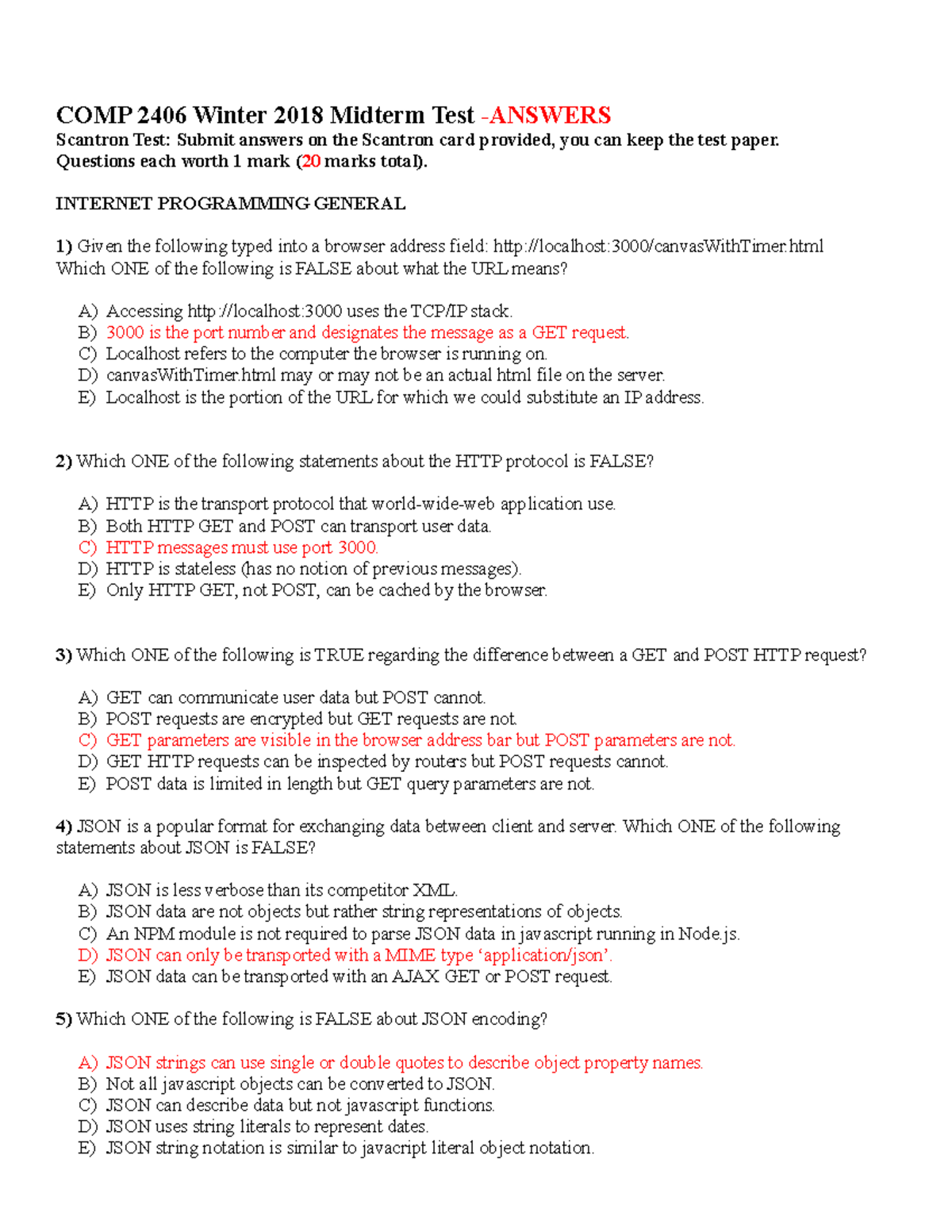 Midterm exam 11 March Winter 2018, questions and answers - COMP 2406 ...
