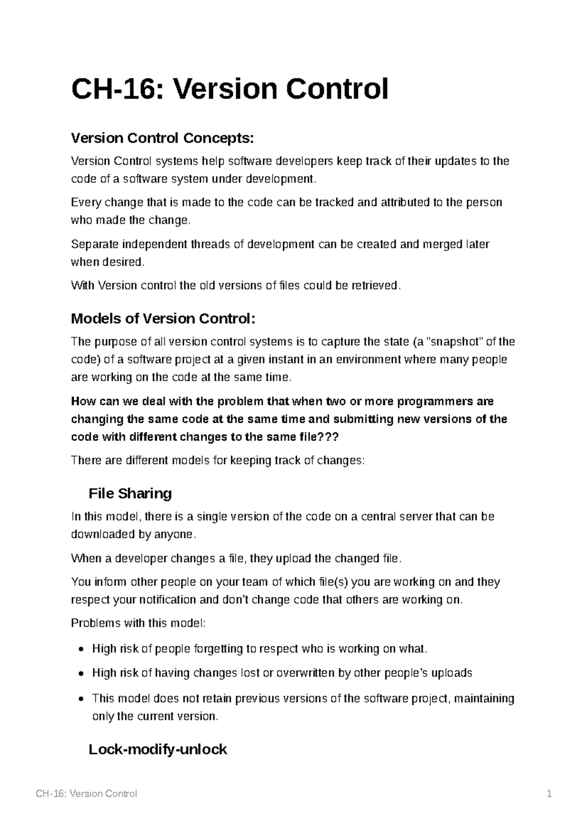Ch-16 Version Control - Mark Eramian - Ch-16: Version Control Version