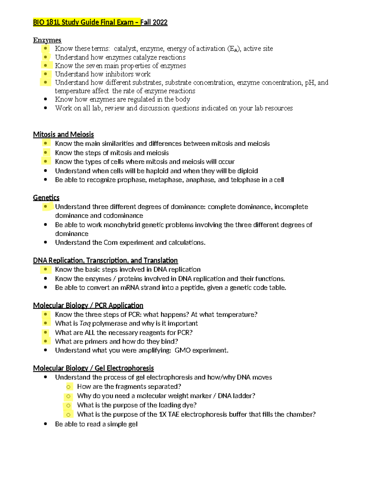BIO 181L Study Guide Final F22 - BIO 181L Study Guide Final Exam – Fall ...