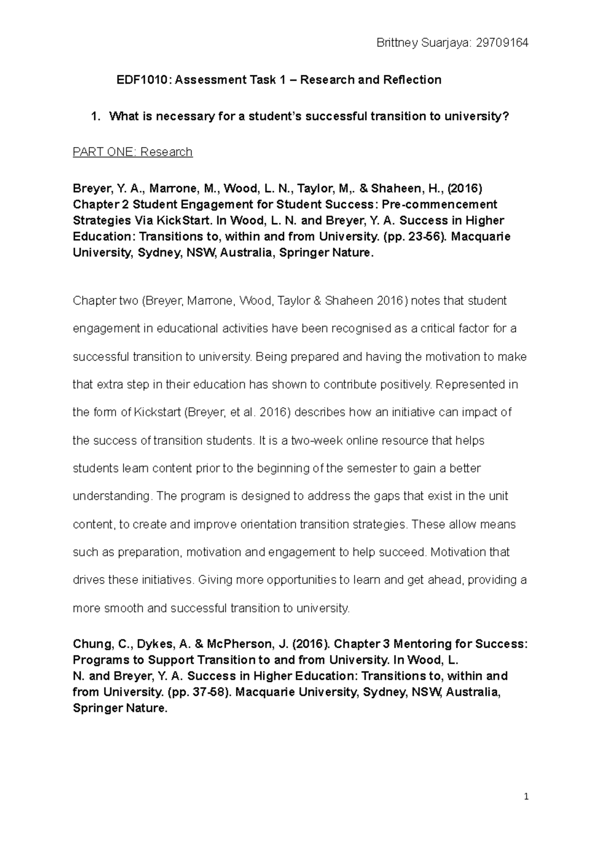 EDF1010 Assessment Task 1 - A., Marrone, M., Wood, L. N., Taylor, M ...