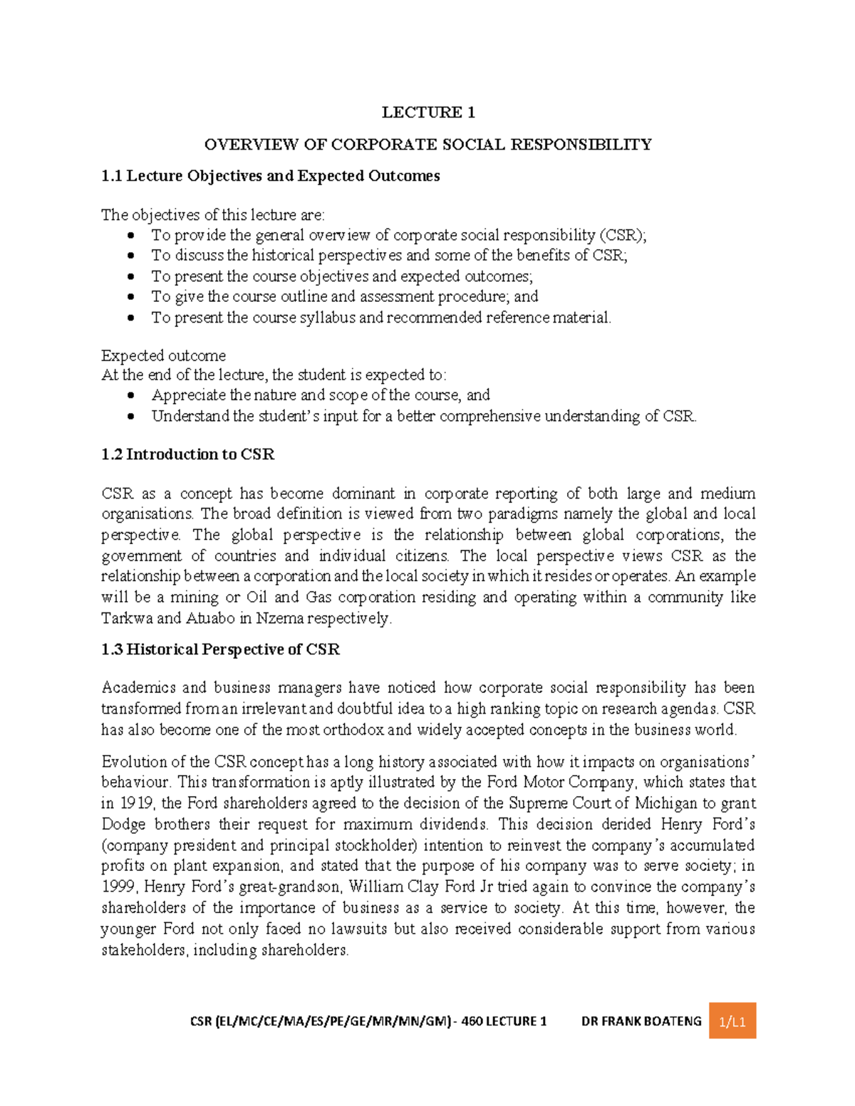 CSR - Past questions - LECTURE 1 OVERVIEW OF CORPORATE SOCIAL ...