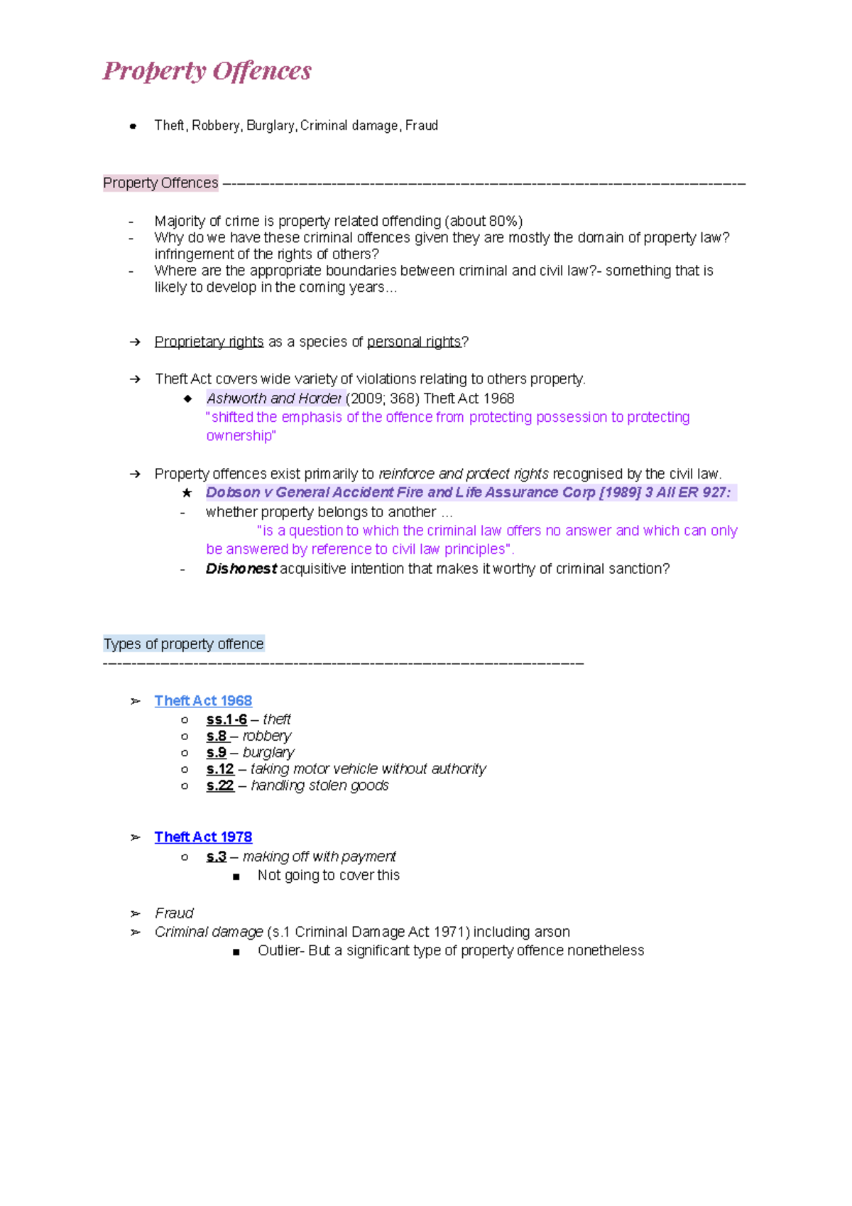 Property Offences - Revision Notes - Property Offences Theft, Robbery ...