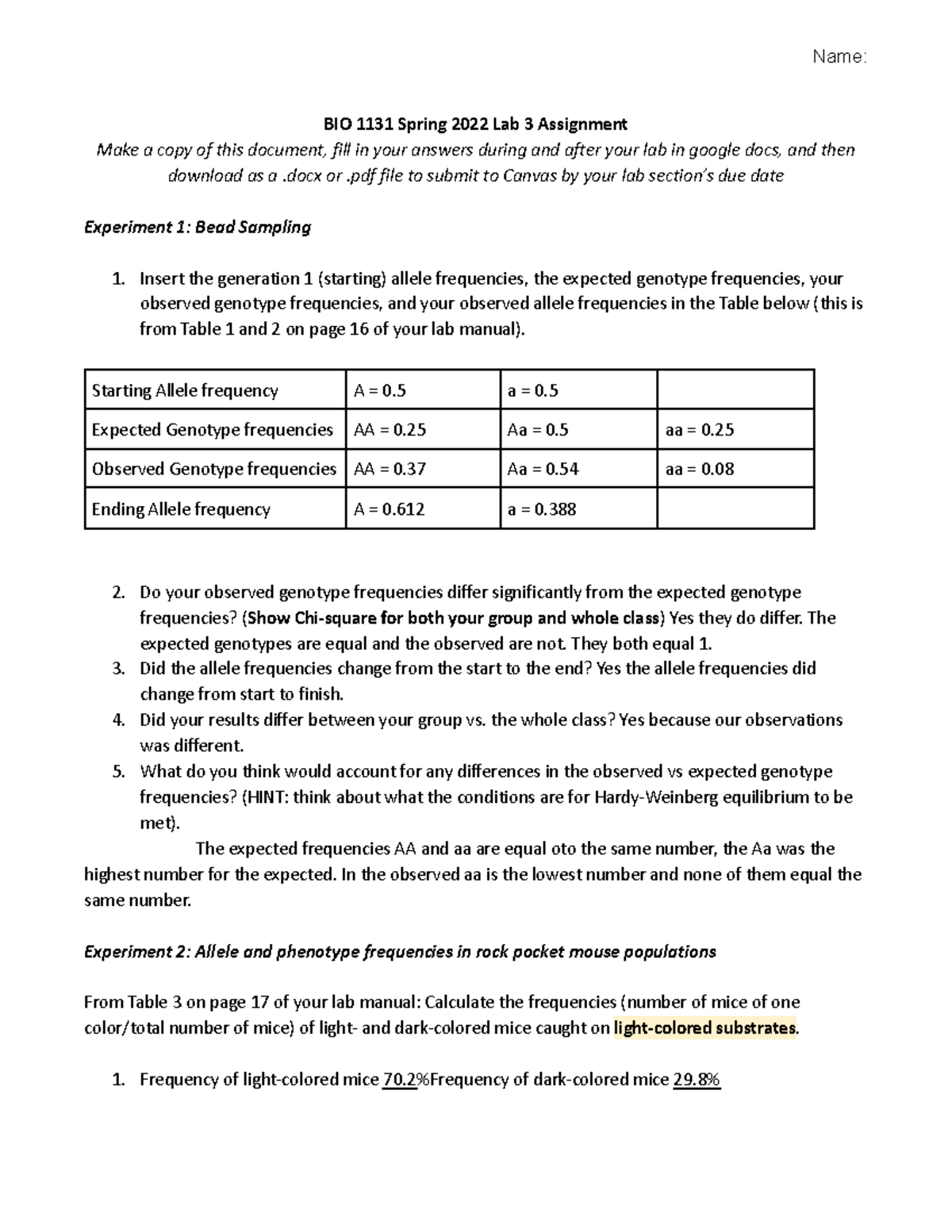 2022 BIO 1131 Lab Exercise 3 Population Genetics - Name: Make a copy of this document, fill in ...