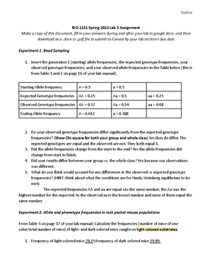 BIO 1331: Hardy Weinberg In Class Worksheet - BIO 1331 - Studocu