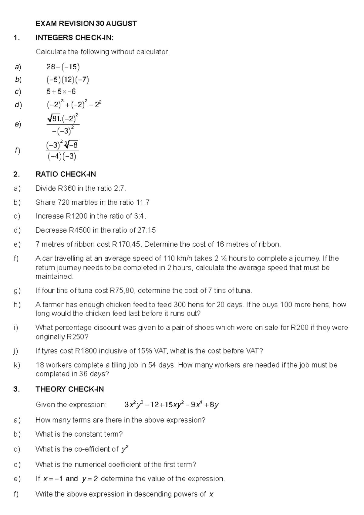 EXAM Revision Grade 9 Friends - EXAM REVISION 30 AUGUST 1. INTEGERS ...