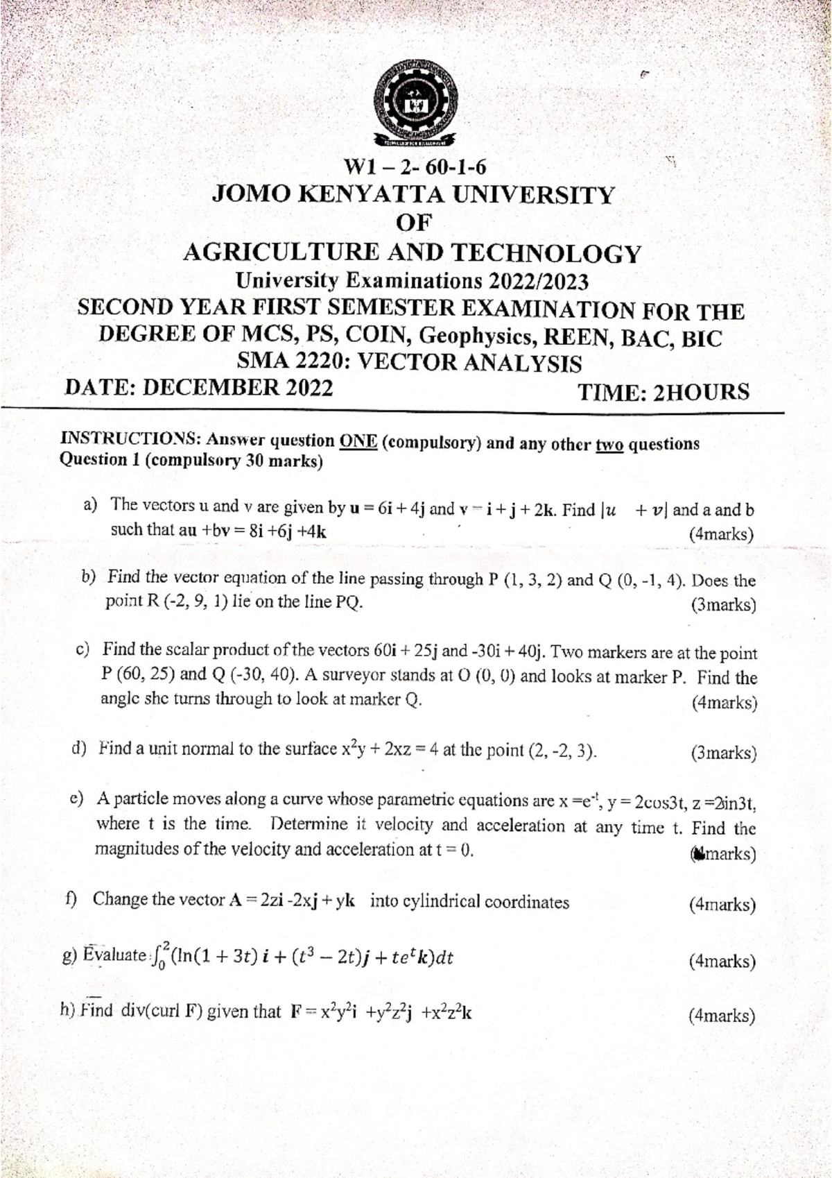 Vector analysis past paper - W1 JOMO KENYATTA UNIVERSITY OF AGRICULTURE ...