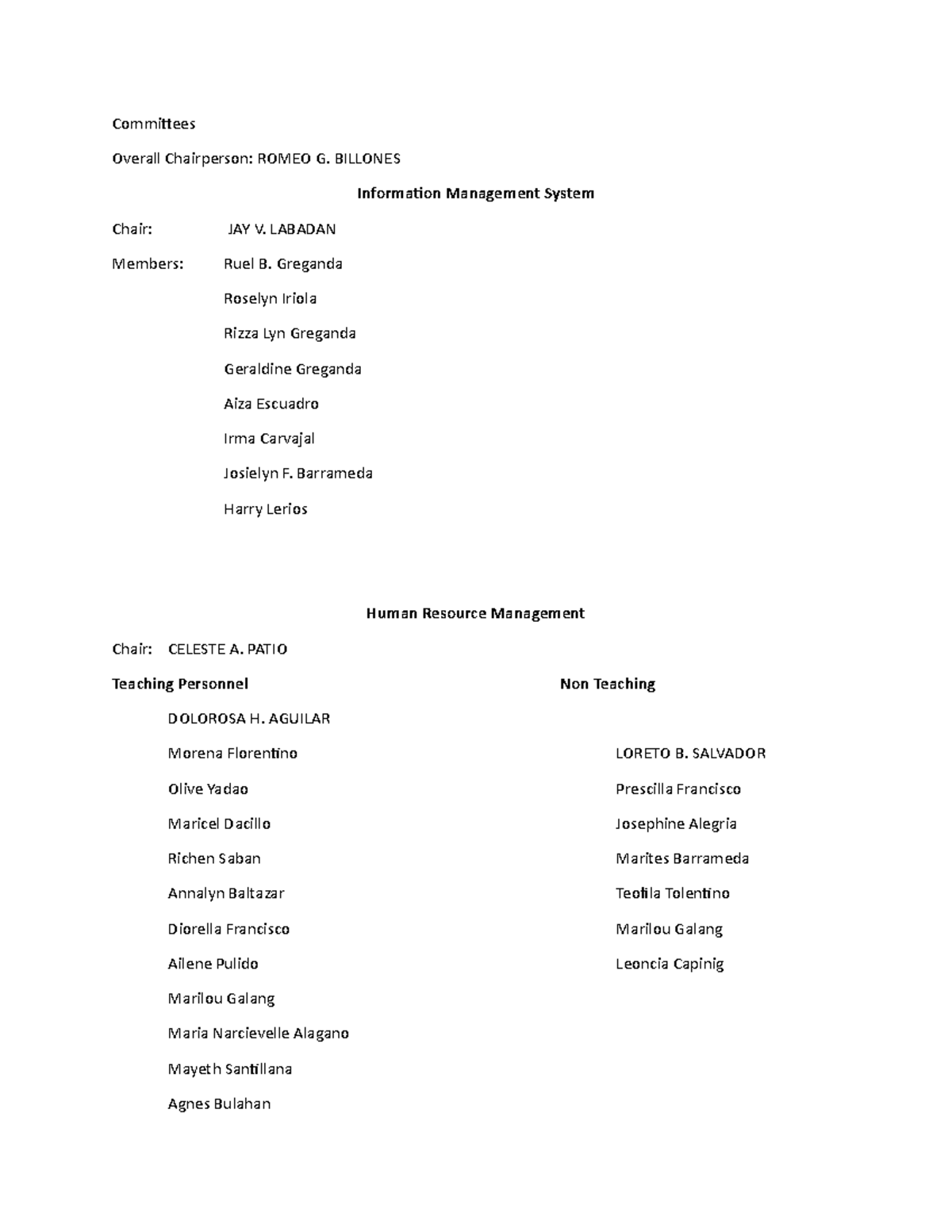 Committee 1 - Lecture notes 1 - Committees Overall Chairperson: ROMEO G ...