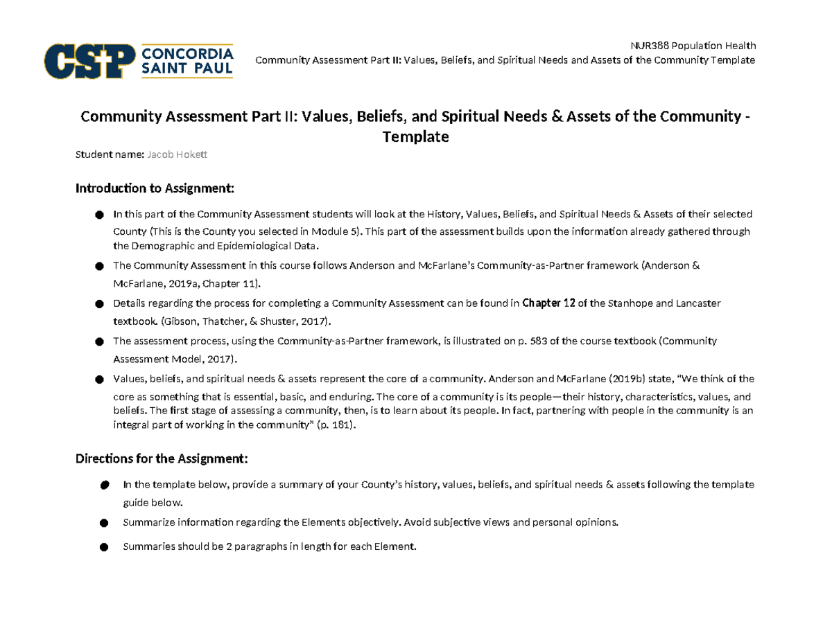 Community Assessment Part II Template (1) - Community Assessment Part ...