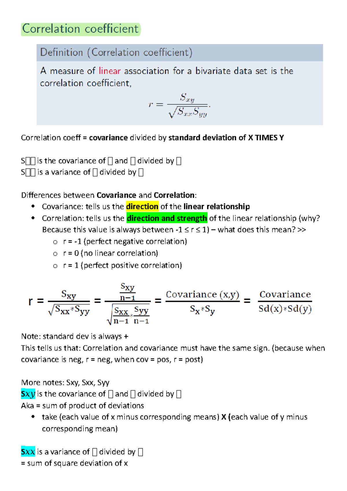 Stats notes - Correlation coeff = covariance divided by standard ...