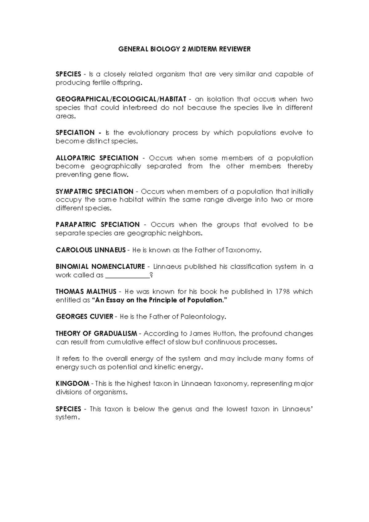 Bio 2 midterm - rev - GENERAL BIOLOGY 2 MIDTERM REVIEWER SPECIES - Is a ...