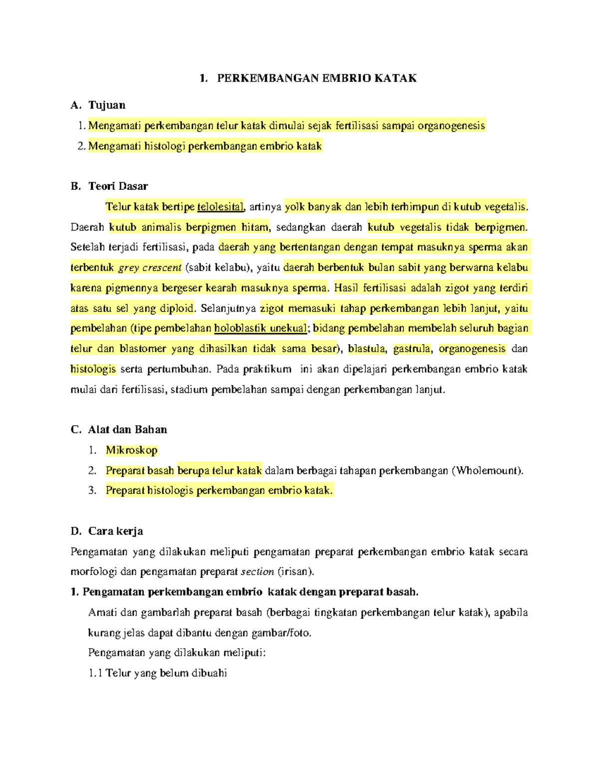 1 Perkembangan embrio katak NEW - 1. PERKEMBANGAN EMBRIO KATAK A ...