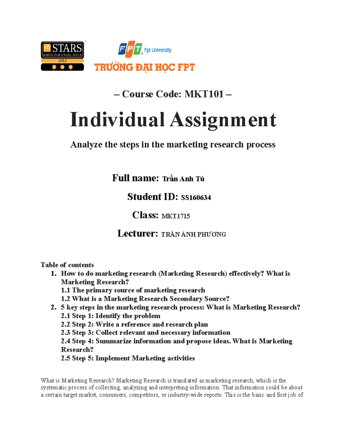 Individual Assigment Tran Anh Tu SS160634 - – Course Code: MKT101 ...