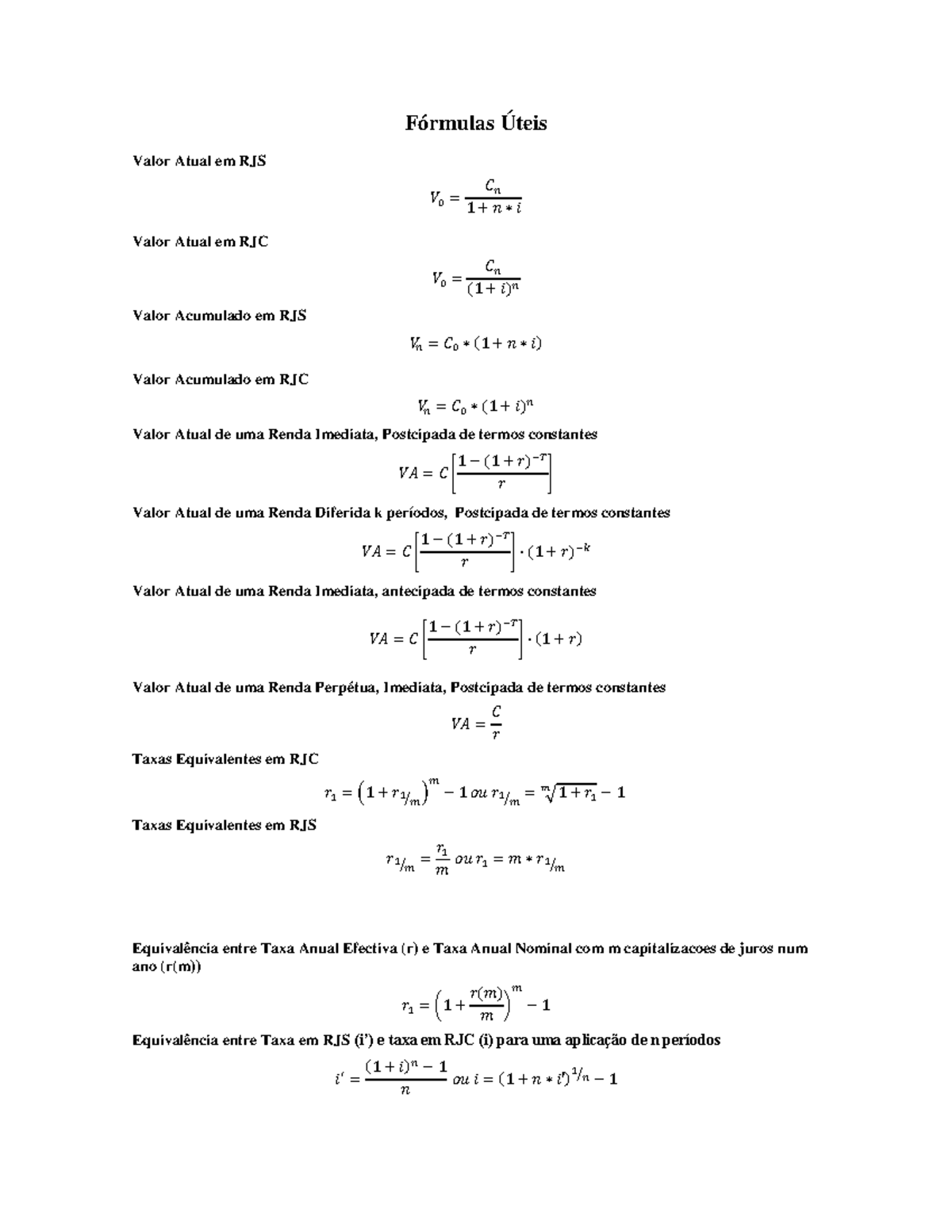 Fórmulas Teste 1 - formulas para estudo - Fórmulas Úteis Valor Atual em ...