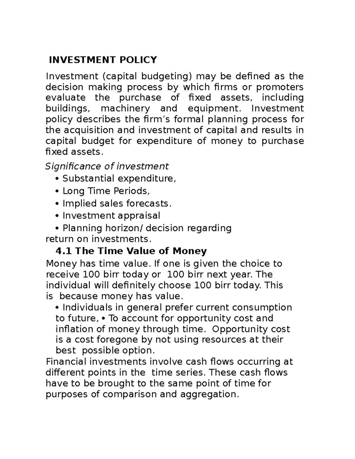 Part 10 Investment Policy - INVESTMENT POLICY Investment (capital ...