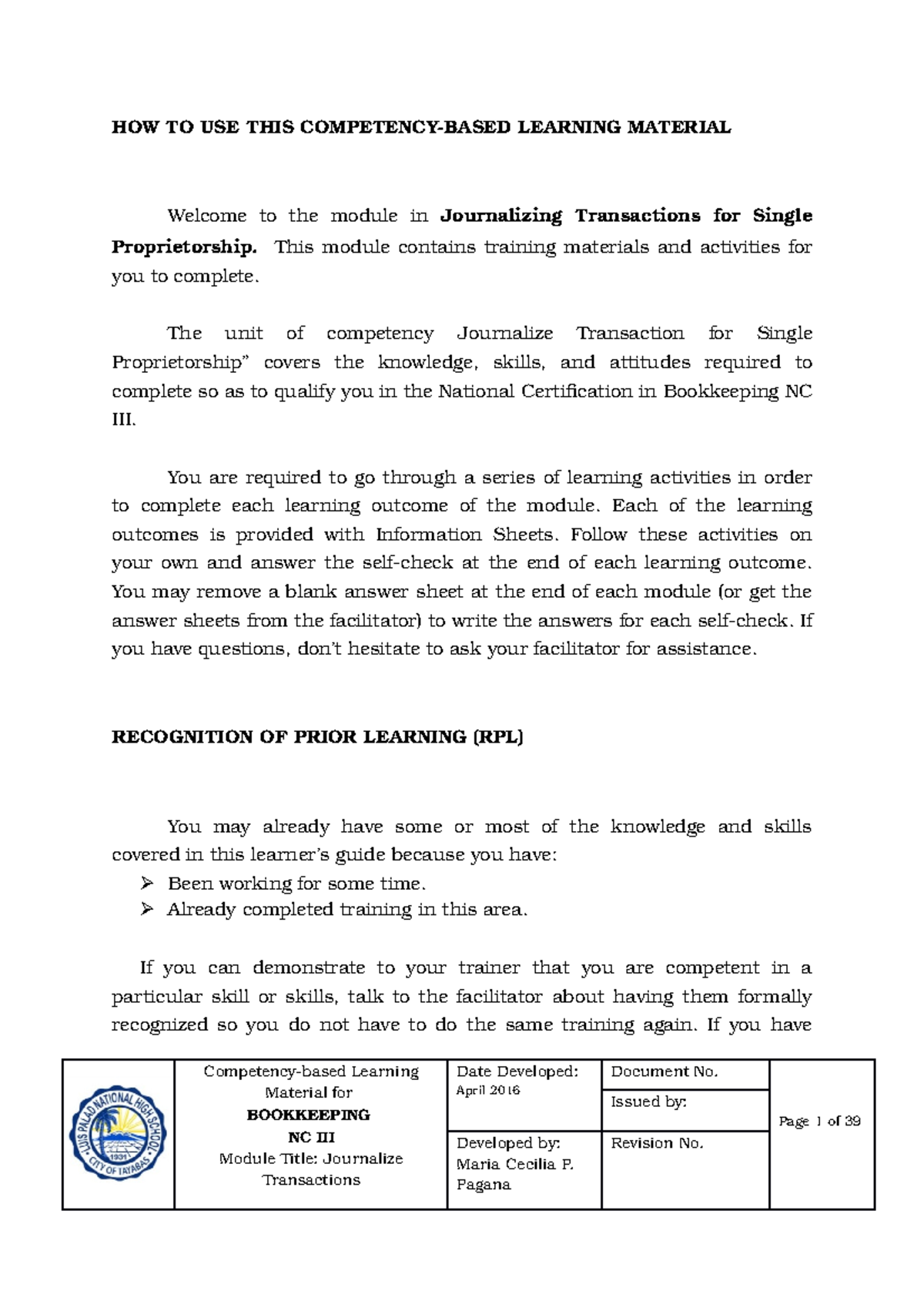 Pdfcoffee - fdasfdasfdas - HOW TO USE THISCOMPETENCY-BASED LEARNING MATERIAL Welcome to the ...