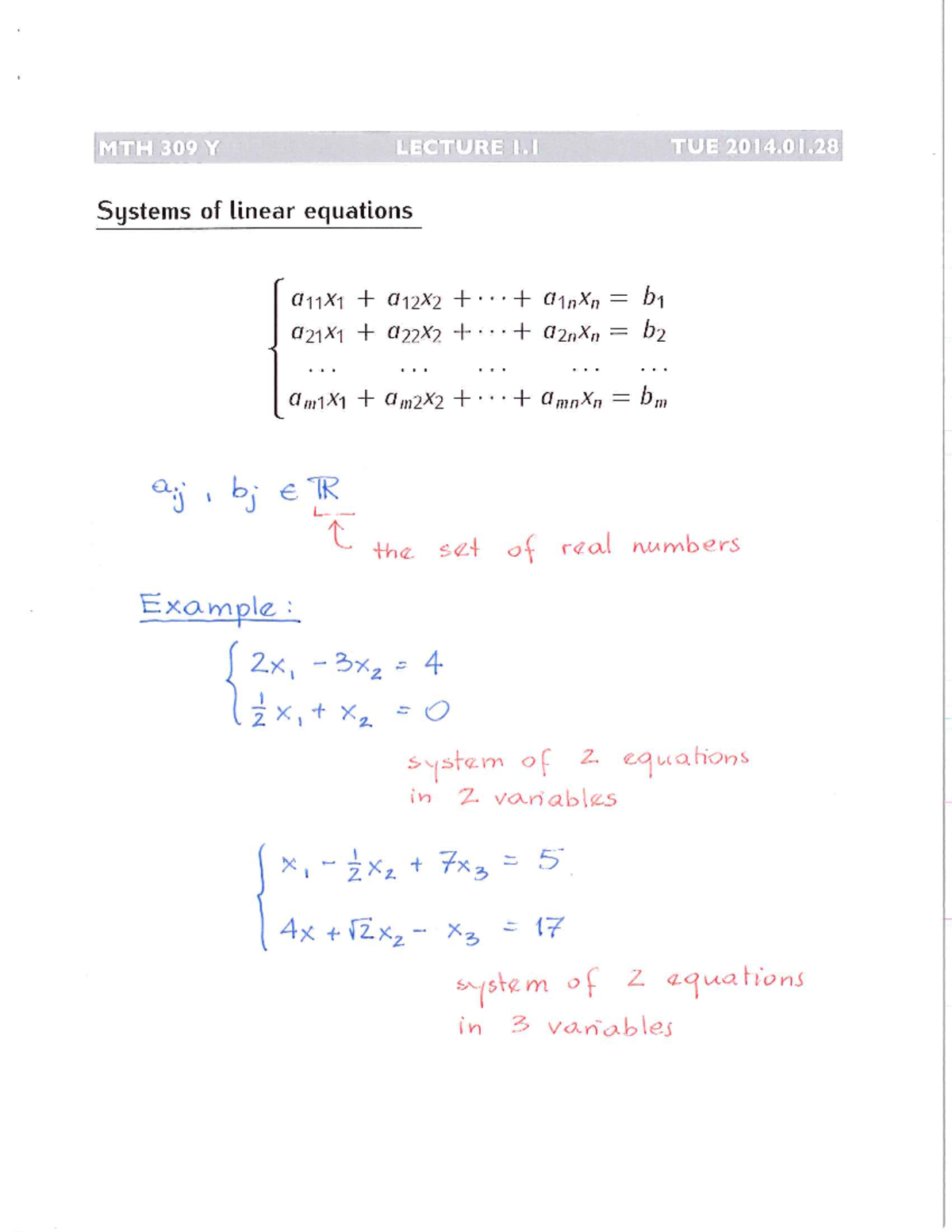 Lecture notes, lecture 1 - Annotated - Sgstems of linear equations l ...