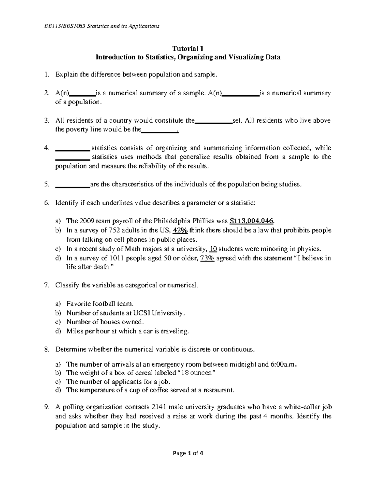 Statistics Tutorial 1 - Tutorial 1 Introduction to Statistics ...