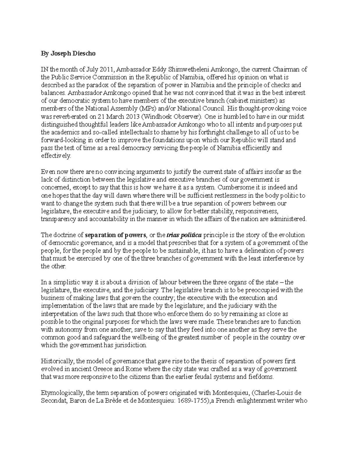 Diescho Separation of power - By Joseph Diescho IN the month of July ...