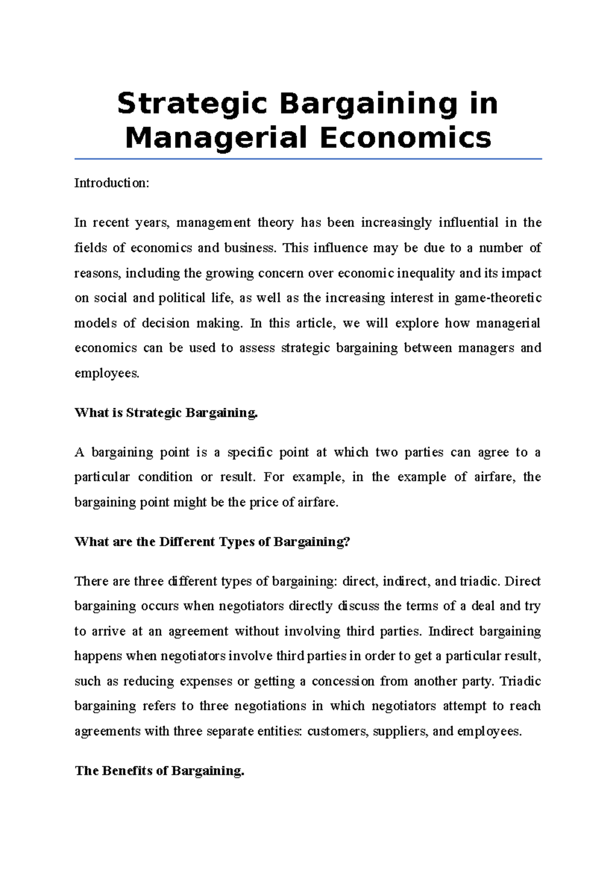 Strategic Bargaining in Managerial Econ omics - Strategic Bargaining in ...