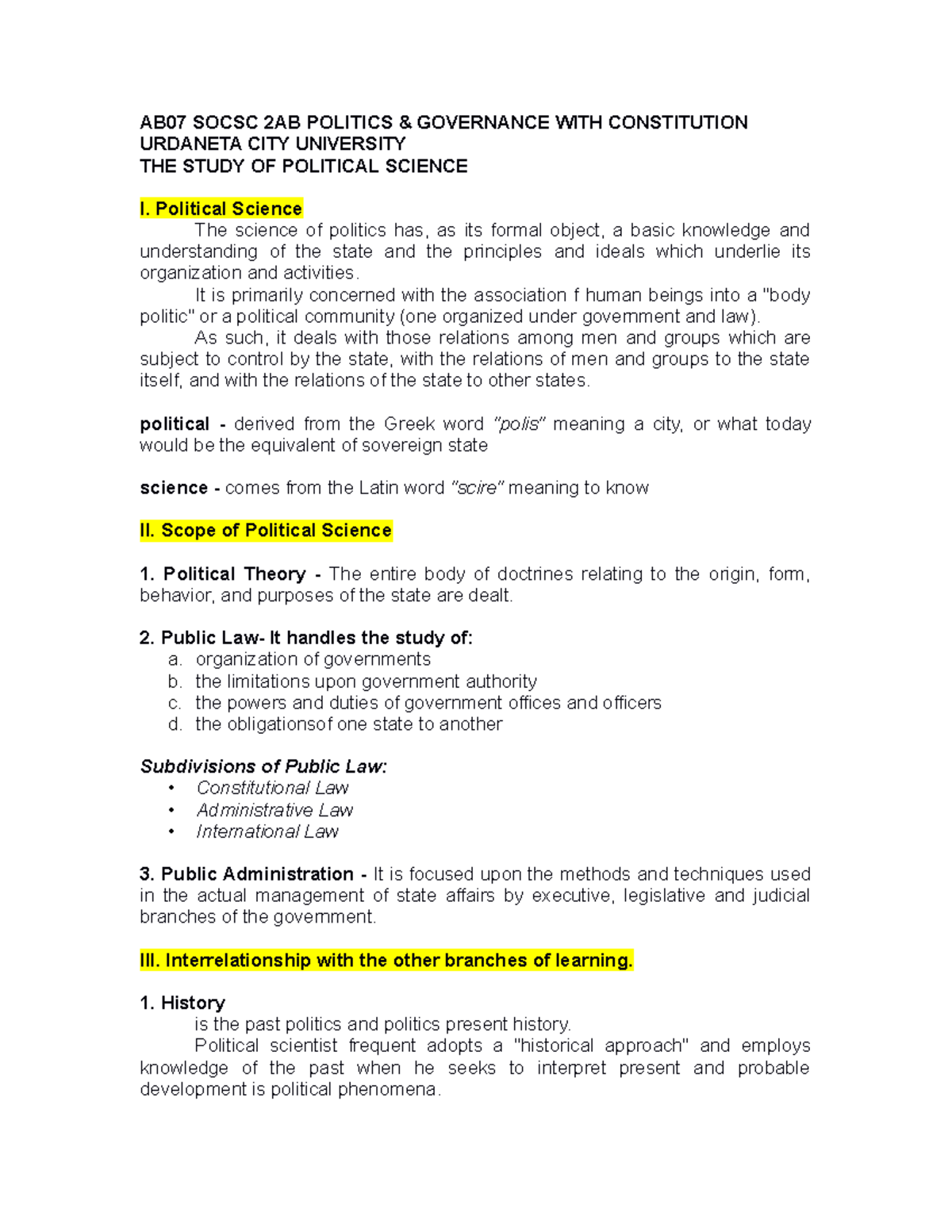 THE Study OF Political Science - AB07 SOCSC 2AB POLITICS & GOVERNANCE ...