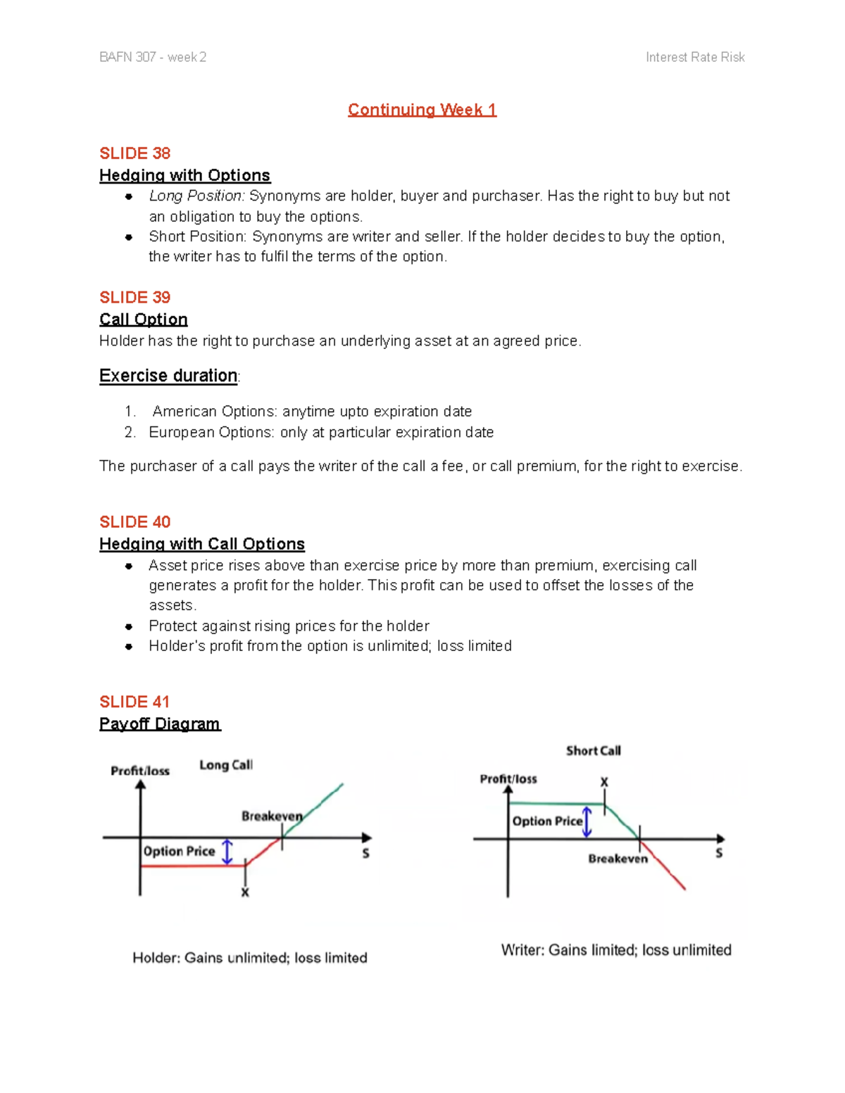 BAFN307 Week 2 - LECTURE NOTES - Continuing Week 1 SLIDE 38 Hedging ...