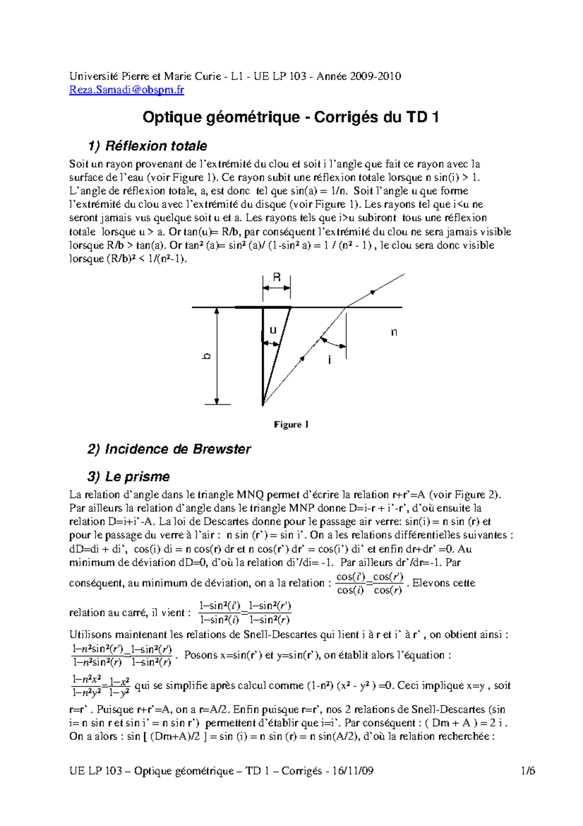 Optique td1 cor - Université Pierre et Marie Curie - L1 - UE LP 103 ...
