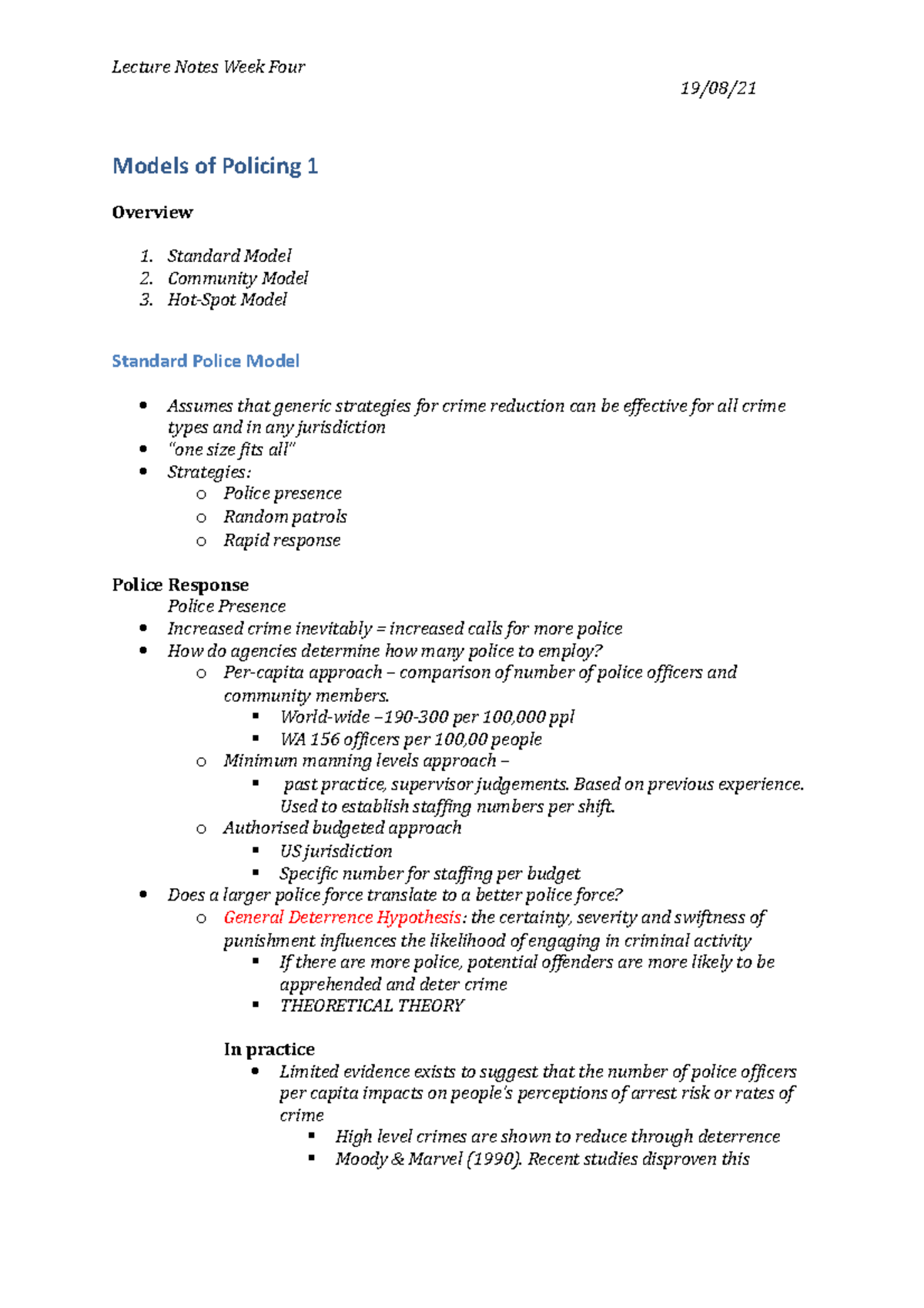 Lecture 4 Models of Policing 1 - 19/08/ Models of Policing 1 Overview ...