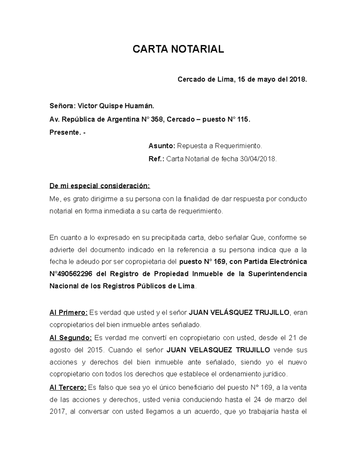 380401689-Carta-Notarial - CARTA NOTARIAL Cercado de Lima, 15 de mayo ...