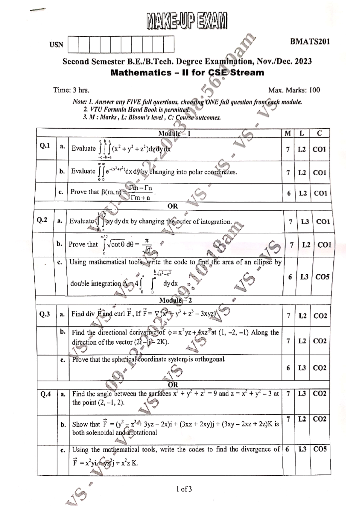 Maths QP makeup - EXAM USN BMATS201 Second Semester Degree Examination ...