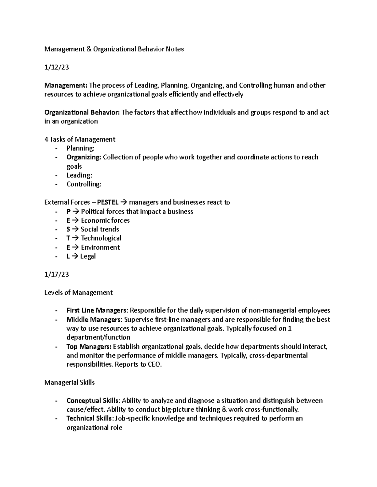 Notes - Management & Organizational Behavior Notes 1/12/ Management ...
